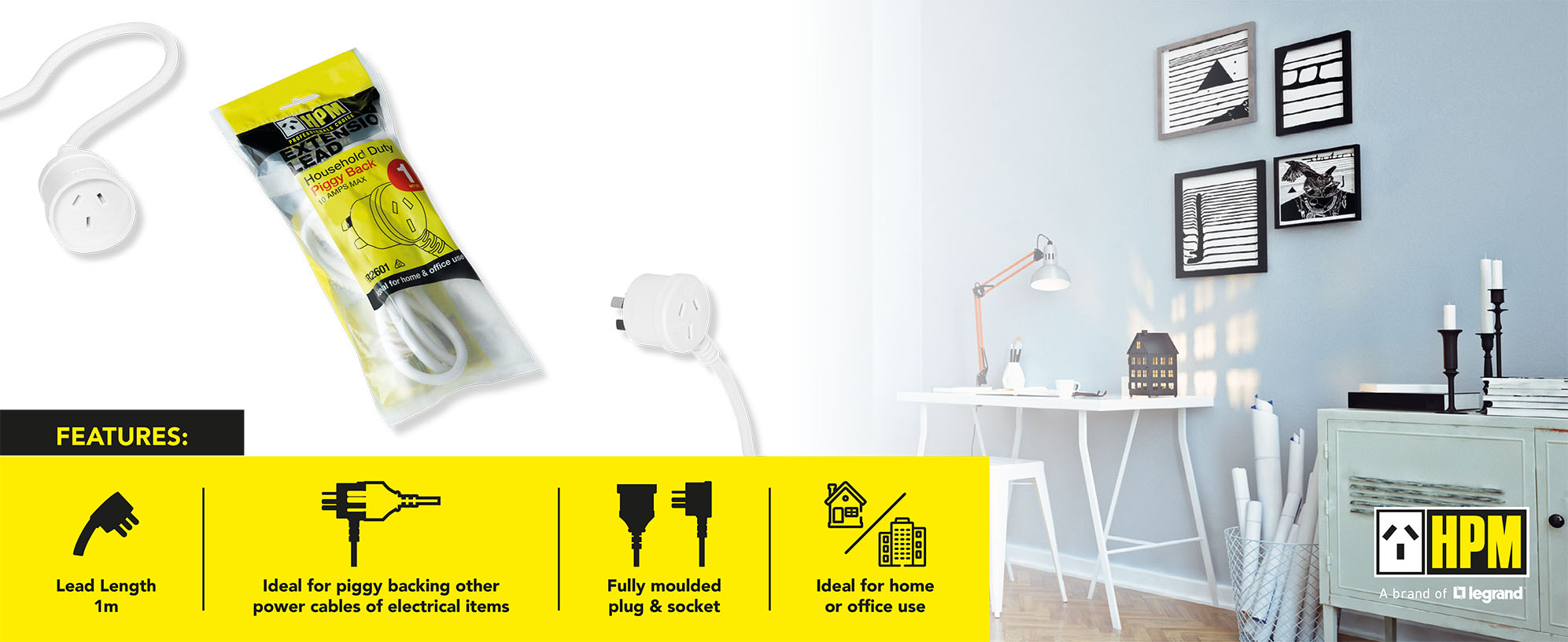 HPM 1m Piggy Back Household Duty Extension Lead White 10 Amp R2601 ...