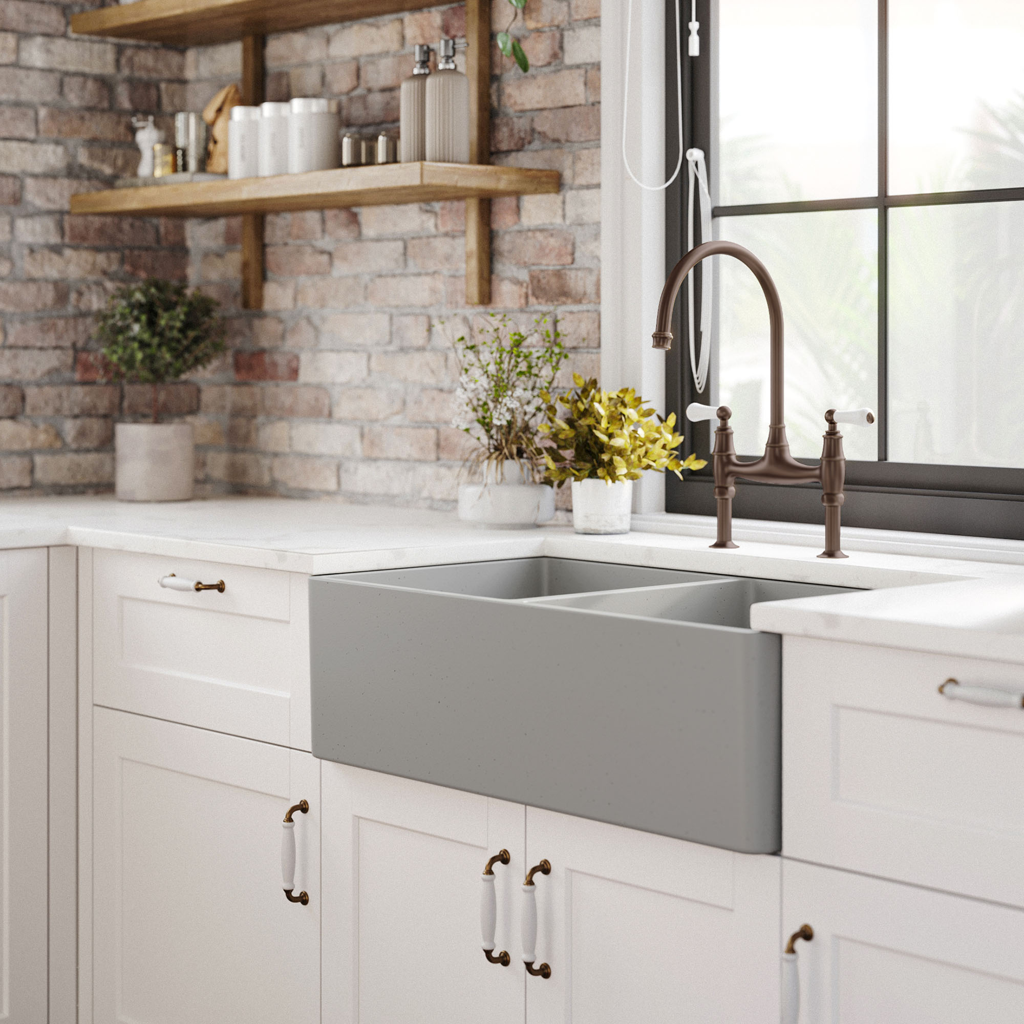 Turner Hastings Novi 85x46 Double Bowl Fireclay Butler Sink - Concrete ...