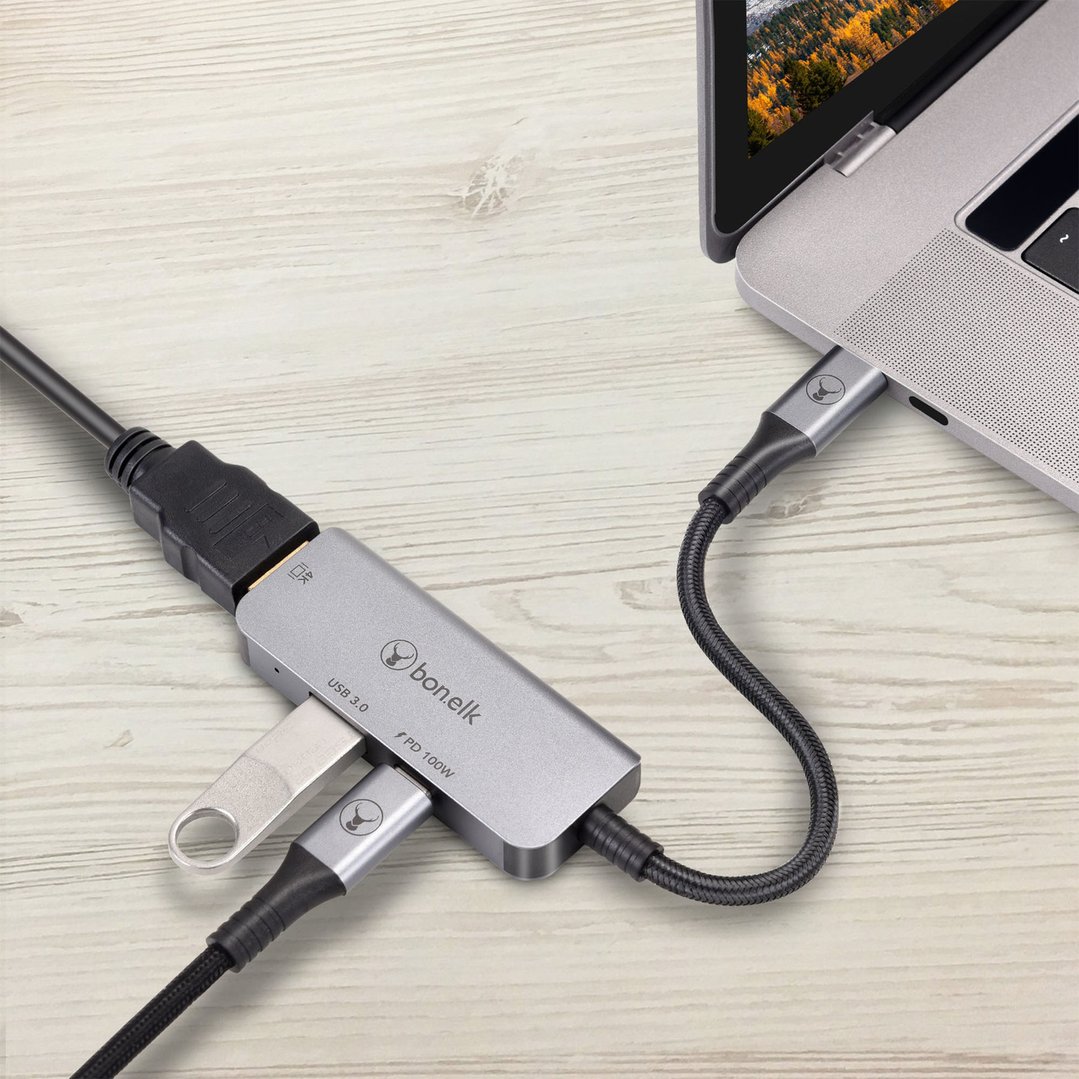 BONELK USB-C 3-in-1 MultiPort Hub Grey ELK-80020-R - Bing Lee
