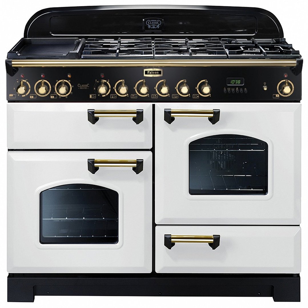 Falcon Classic Deluxe 110cm Dual Fuel Upright Cooker White/Brass ...