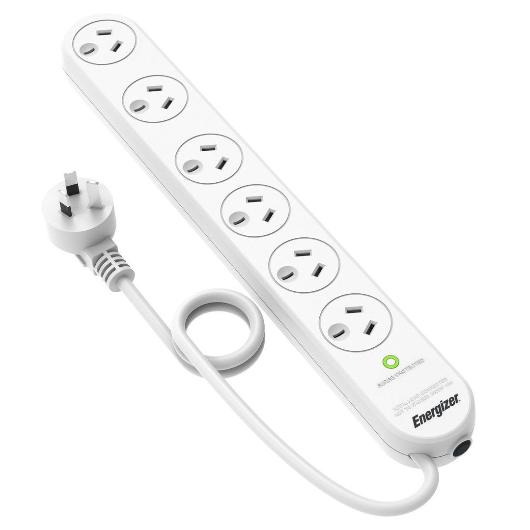 Energizer 6 Outlet Power Surge Protector, White ET-6OSPSW. - Bing Lee