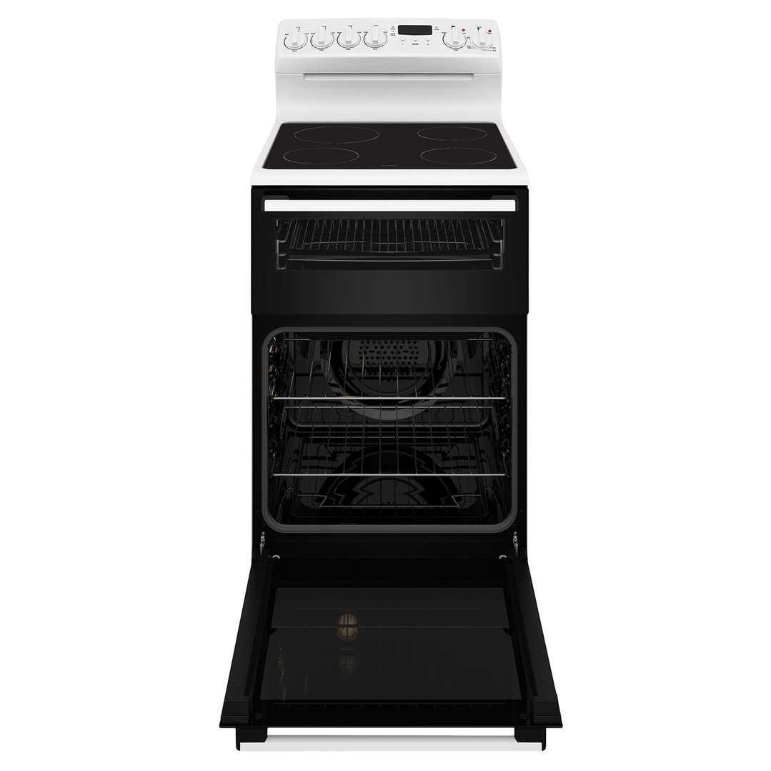 Westinghouse 54cm freestanding electric oven and ceramic cooktop white. WLE543WCB Bing Lee