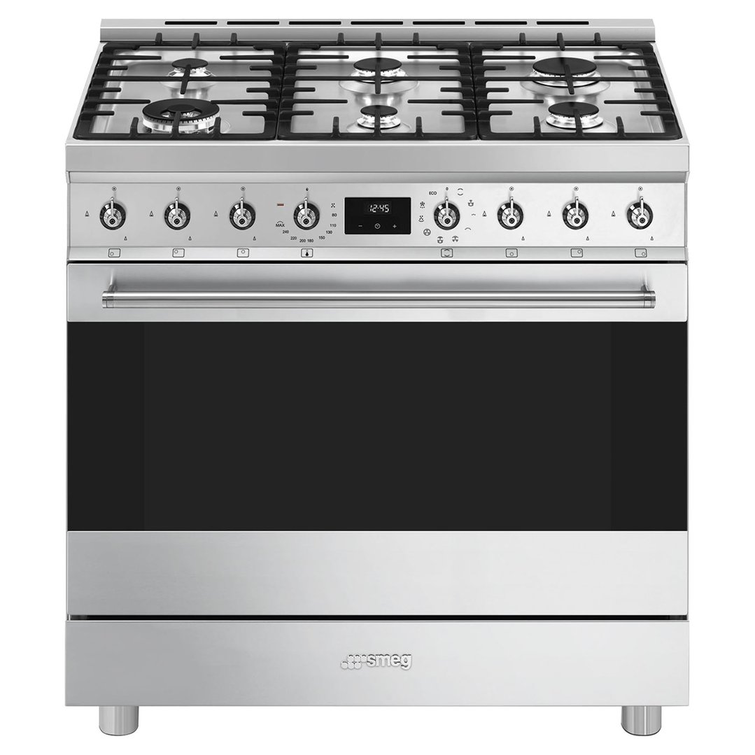 Smeg 90cm 6 Burner Classic Freestanding Dual Fuel Cooker Stainless ...